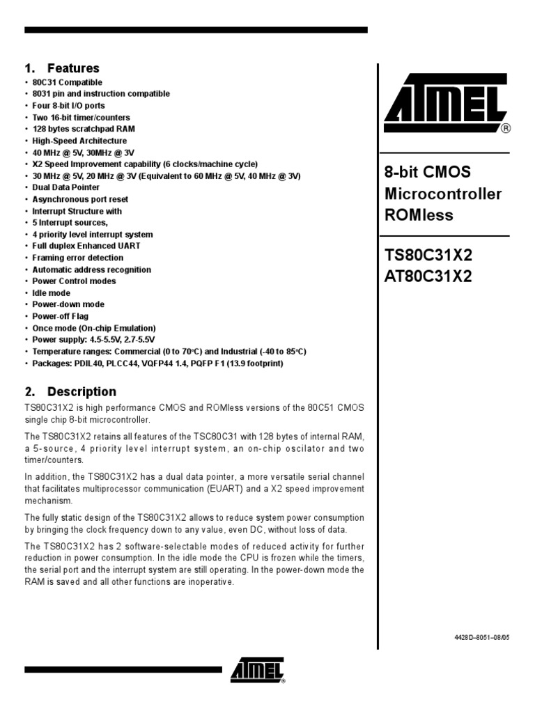 8-Bit Cmos Microcontroller Romless Ts80C31X2 At80C31X2: 1. Features | Download Free PDF ...