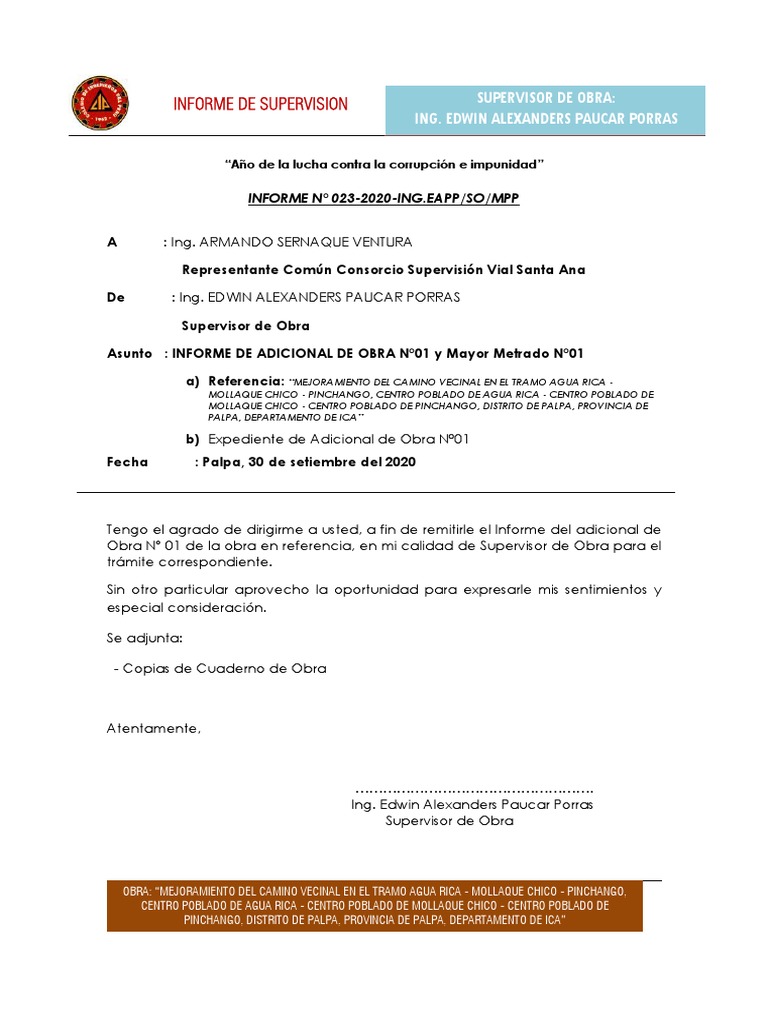 Informe Adicional de Obra N°01 | PDF | Presupuesto | Tubería (transporte de fluidos)