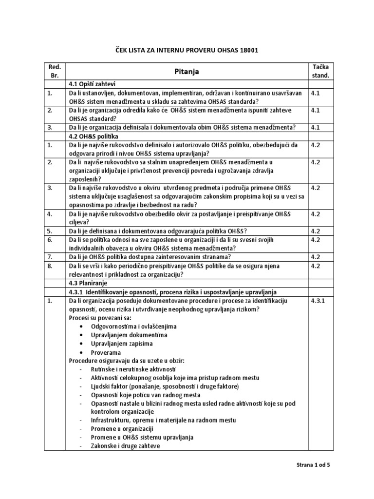Cek Lista Za Internu Proveru OHSAS 18001 | PDF