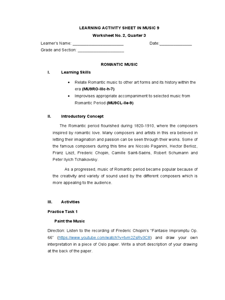 LAS in Music 9 Q3 Worksheet 2 & 3 | PDF | Romantic Music | Frédéric Chopin