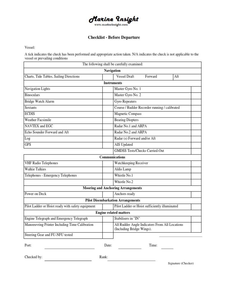 Bridge Checklist Before Departure | PDF | Navigation | Watercraft