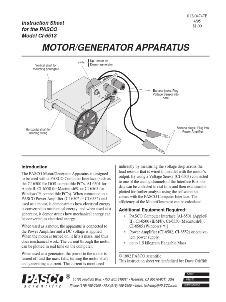 Motor/Generator Apparatus: Instruction Sheet For The PASCO Model CI-6513 | PDF | Electric Motor ...