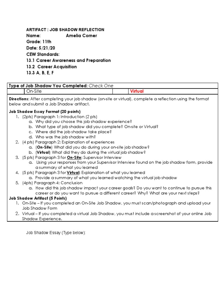 Amelia Corner - Artifact - Job Shadow Reflection | PDF | Mental Health Professional | Social Work