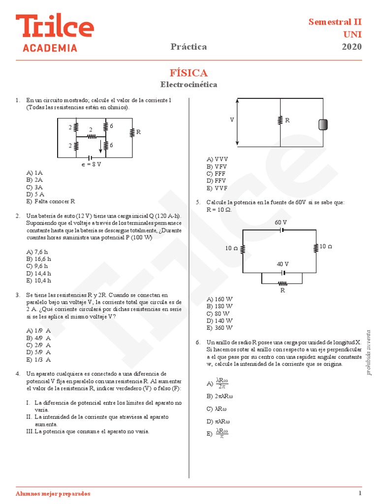 Física Semestral Ii Uni - Ejercicios de Electrocinética | PDF | Resistencia Eléctrica y ...