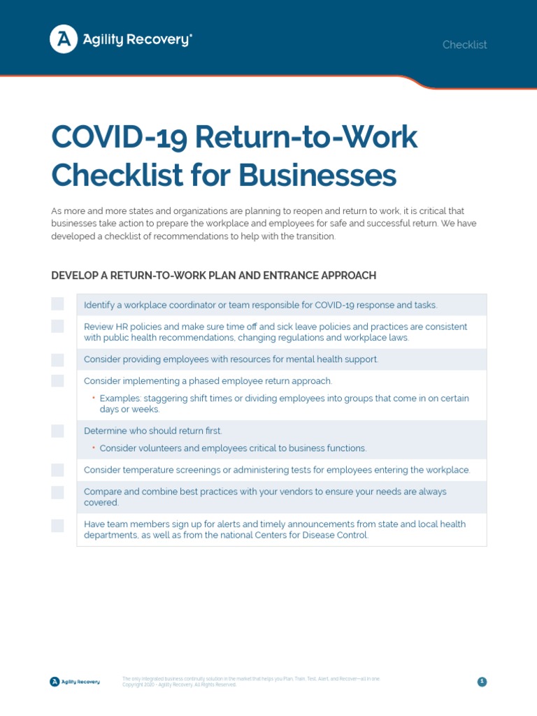 Agility Recovery Return To Work Checklist | PDF