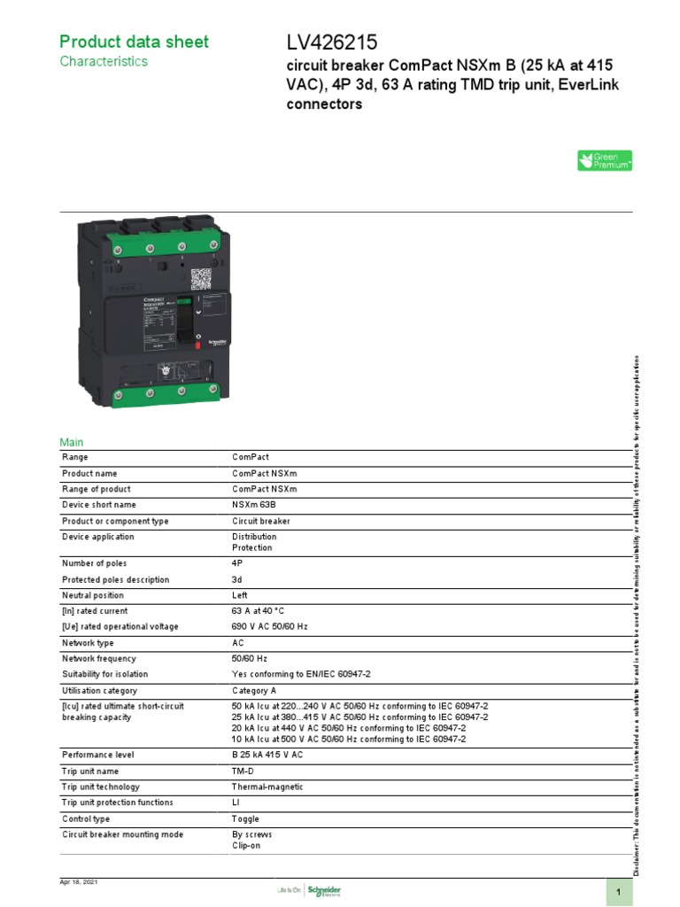 Compact NSXm B circuit breaker 63A data sheet | PDF | Alternating Current | Electrical Engineering