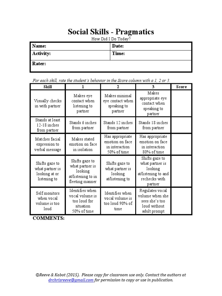 Blank Social Skils Pragmatics Rubric | PDF | Social Skills | Human ...