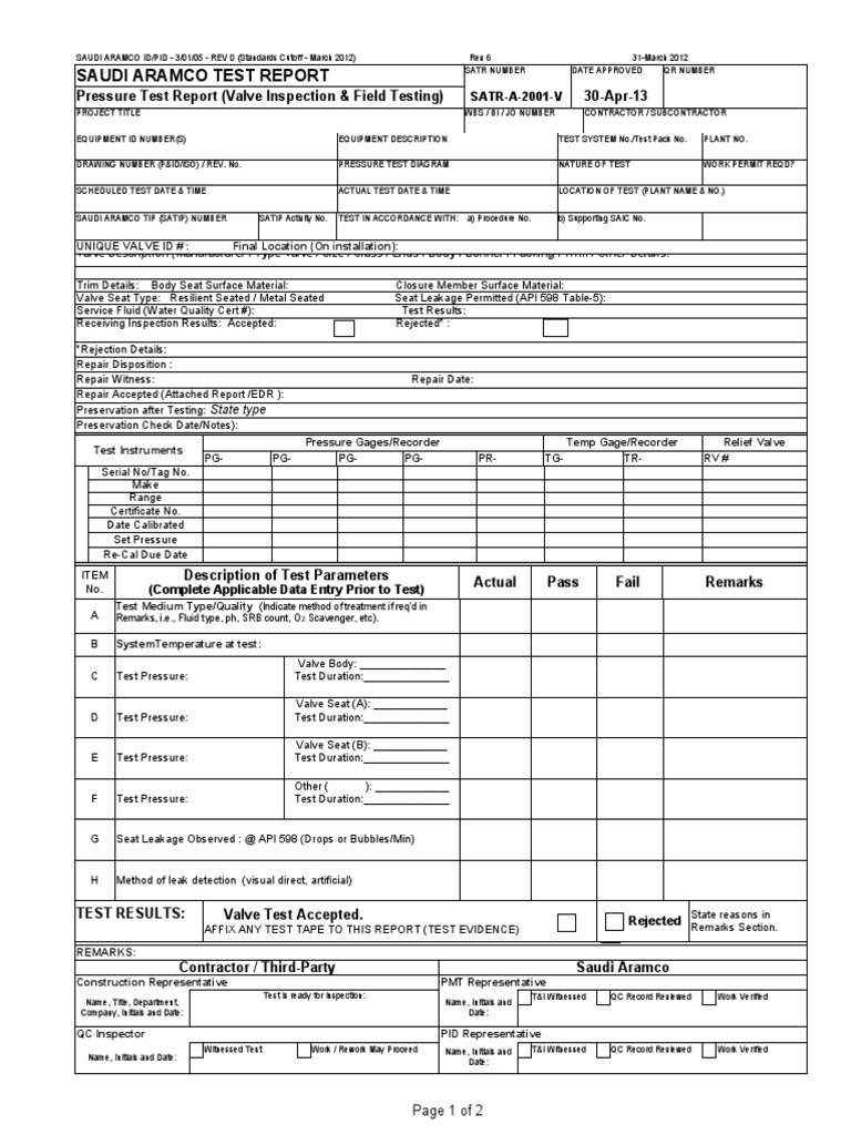 SATR-A-2001V Rev 6 Pressure Test Report (Valve Inspection & Field ...