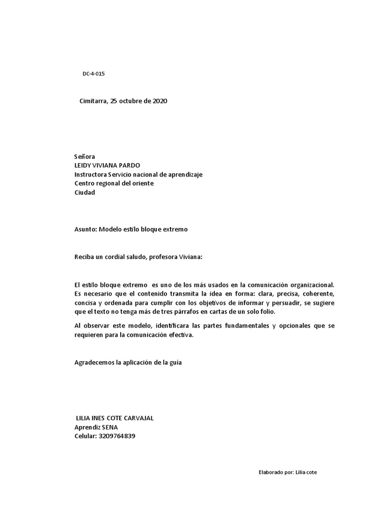 Modelo de Carta Estilo Bloque Extremo | PDF