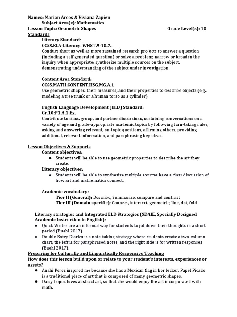 Geometric Shapes in Art and Culture | PDF | Teachers | Question