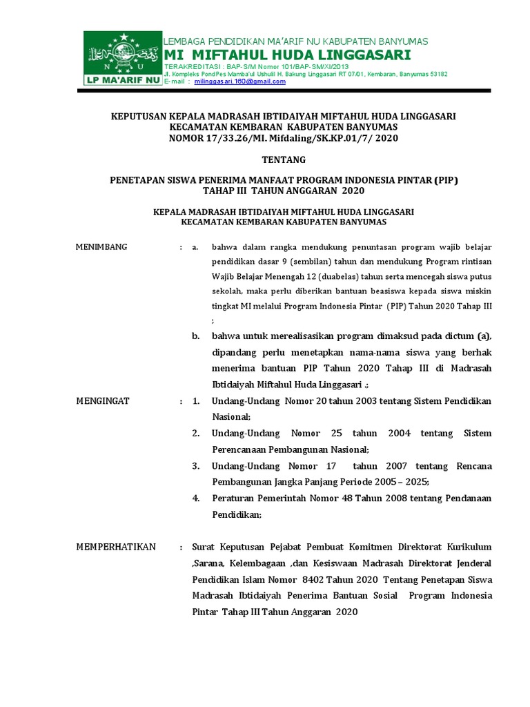 Contoh SK Penetapan Kepala Madrasah Tentang Siswa Yang Mendapatkan BSM-1 | PDF