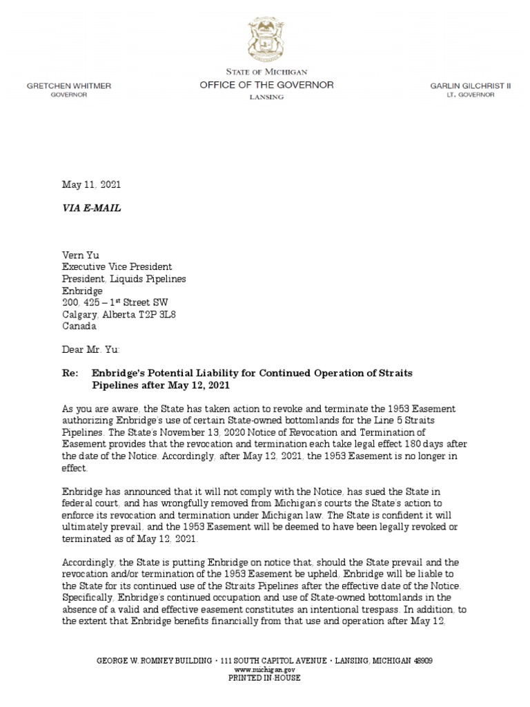 Letter To Enbridge | PDF | Lawsuit | U.S. State