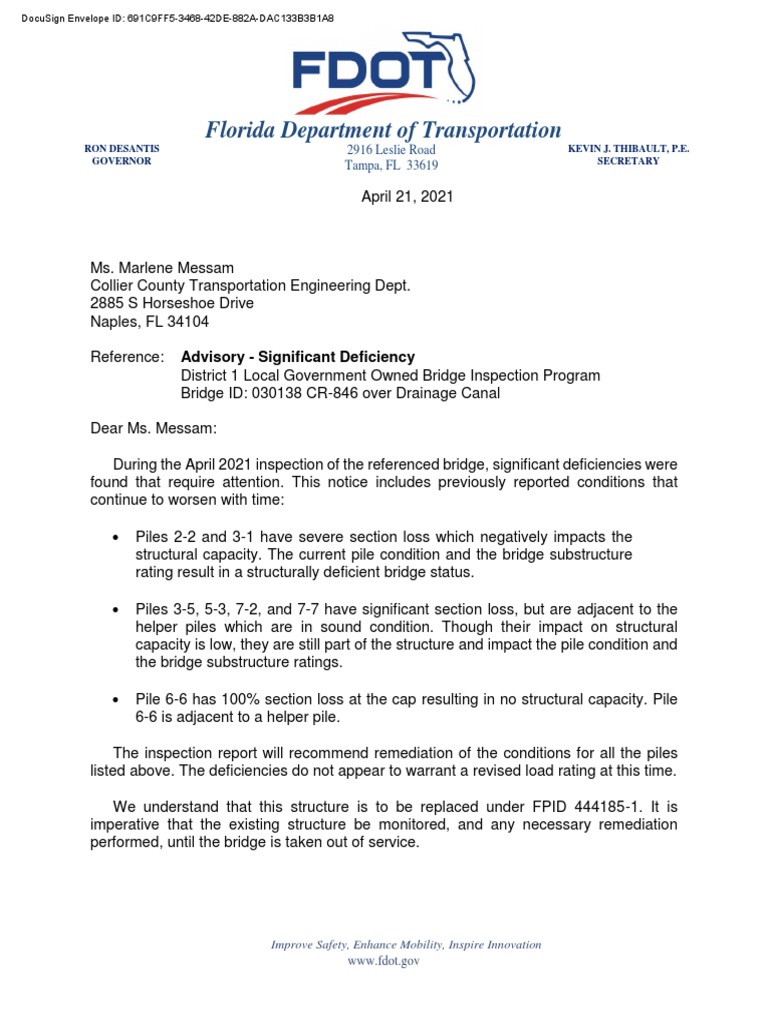 Collier County Bridge 030138 Significant Deficiency Letter | PDF