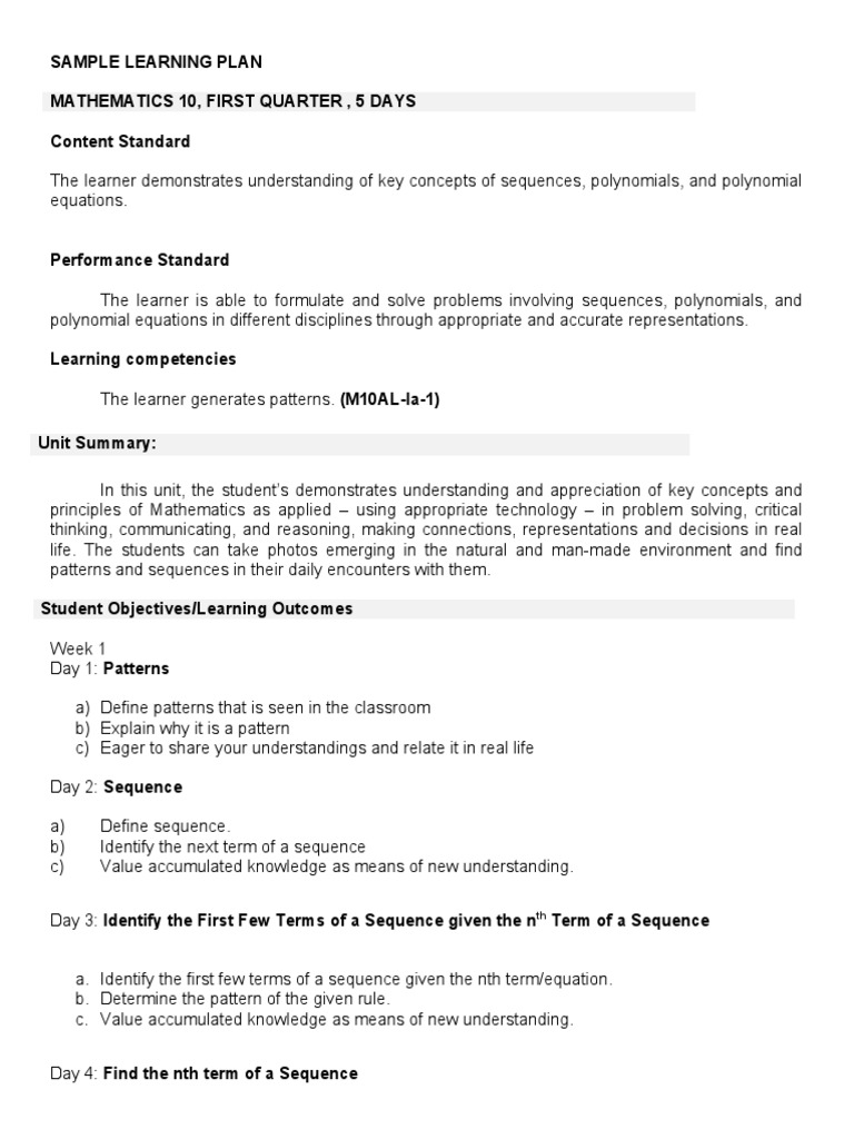 SAMPLE LEARNING PLAN Mathematics | PDF | Learning | Equations