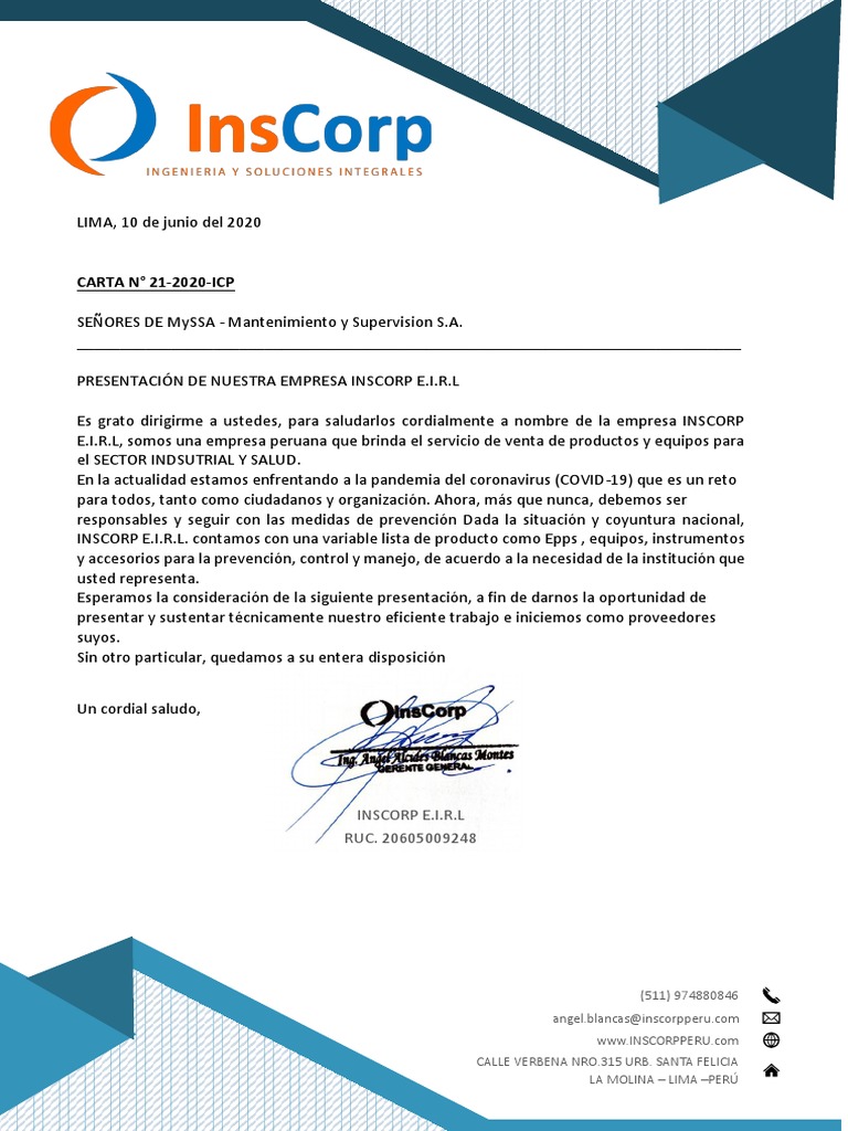 Carta de Presentación - Inscorp Peru | PDF