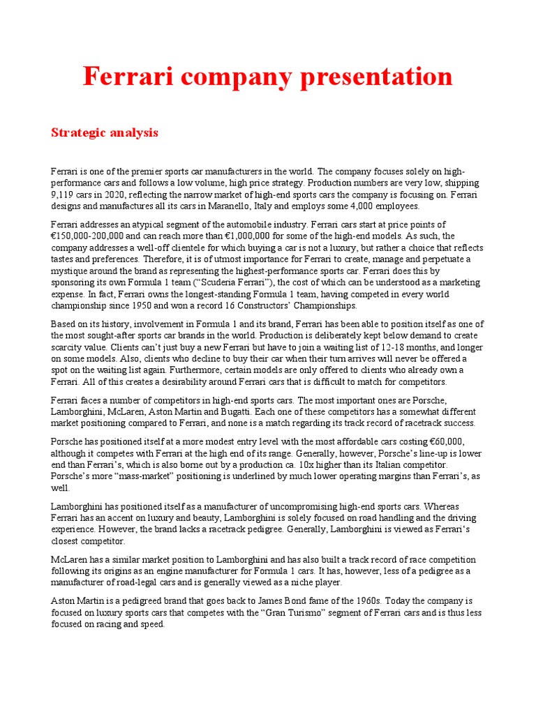 Ferrari Company Presentation: Strategic Analysis | PDF | Margin ...