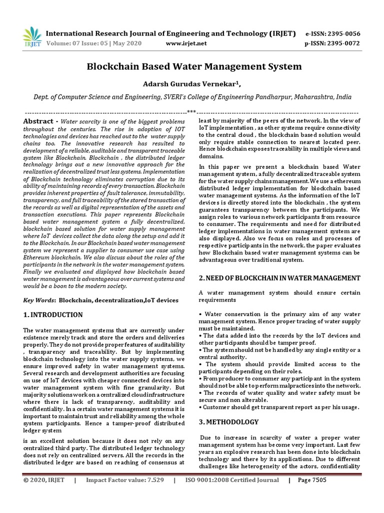 Blockchain Based Water Management System | PDF | Internet Of Things | Computer Science