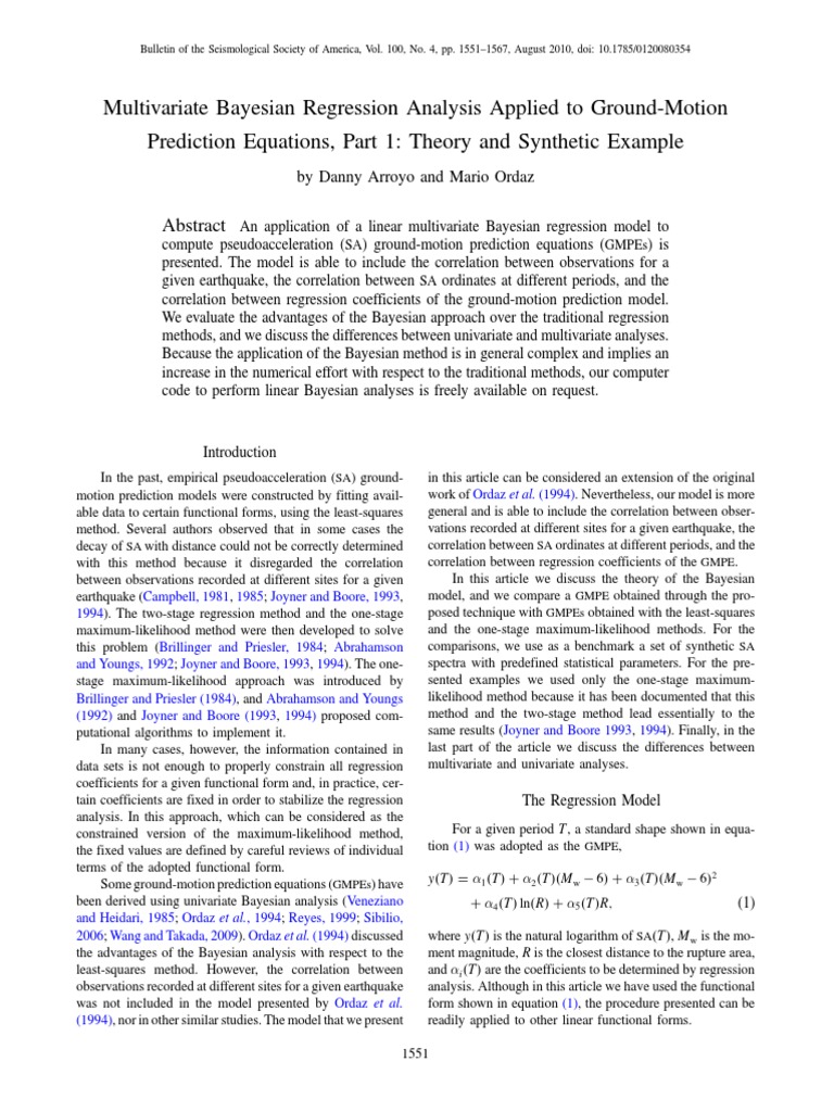 Multivariate Bayesian Regression Analysis Applied To Ground Motion Prediction Equations Part 1