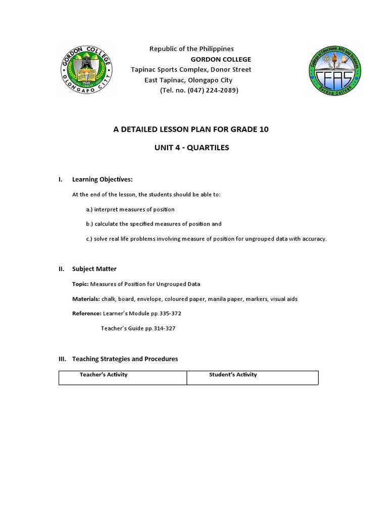 A Detailed Lesson Plan For Grade 10 Unit 4 - Quartiles | PDF | Quartile ...