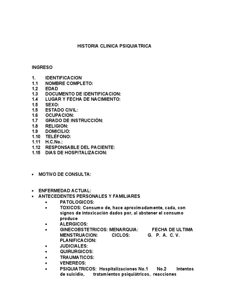 Historia Clinica Psiquiatrica Modelo | PDF | Trastorno mental | Psiquiatría