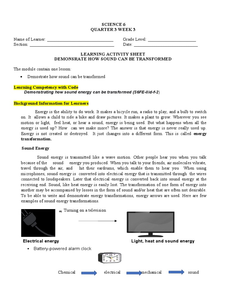 Demonstrating How Sound Energy Can Be Transformed (S6Fe-Iiid-F-2) | PDF ...