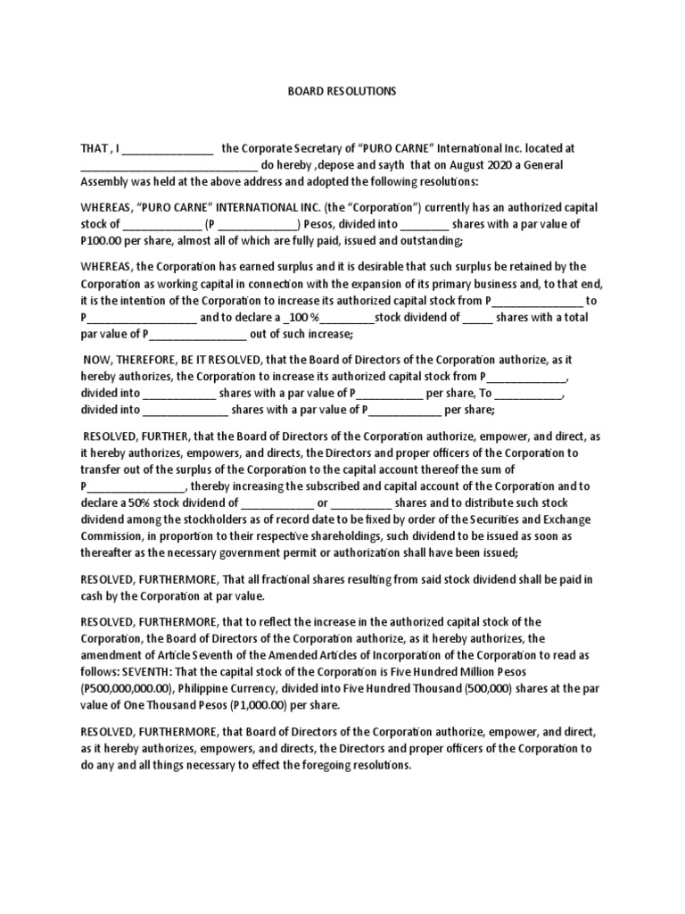 Board Resolution Capital Return