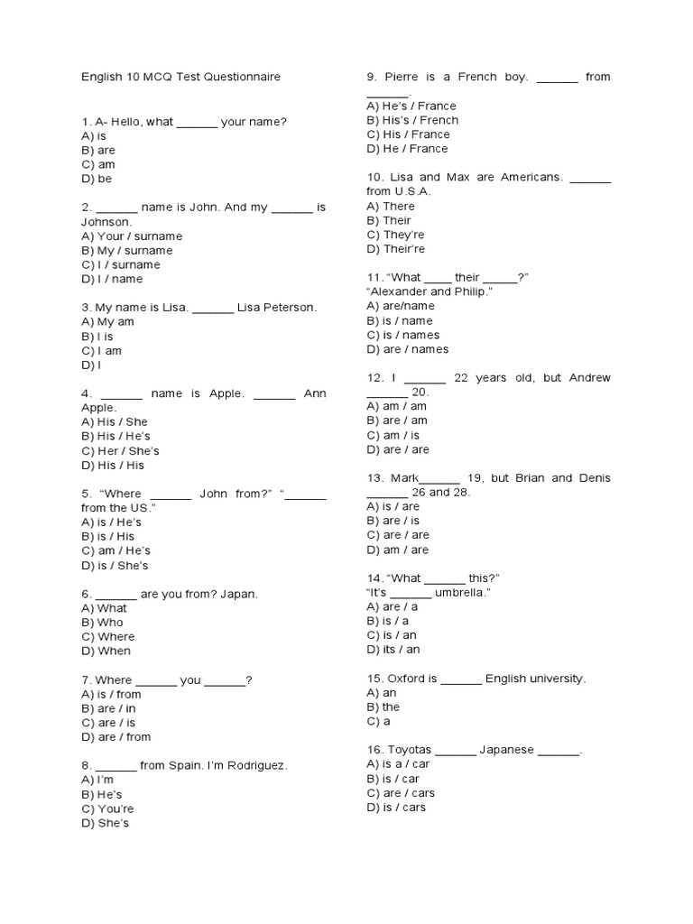 English 10 MCQ Test Questionnaire | PDF | Language Arts & Discipline