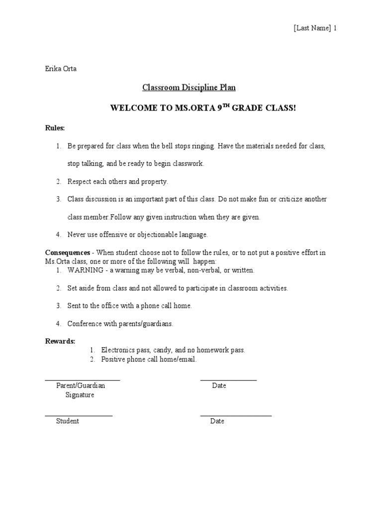 Classroom Discipline Plan Welcome To Ms - Orta 9: Rules | PDF