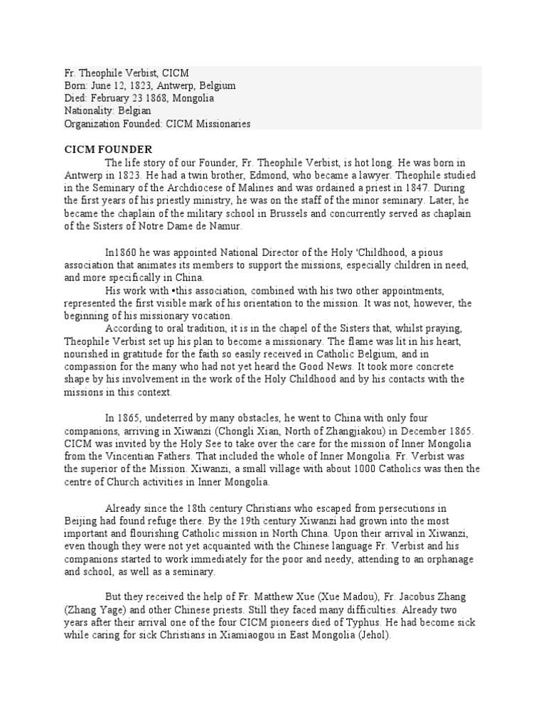 Cicm Founder | PDF | Christian Organizations | Catholic Church