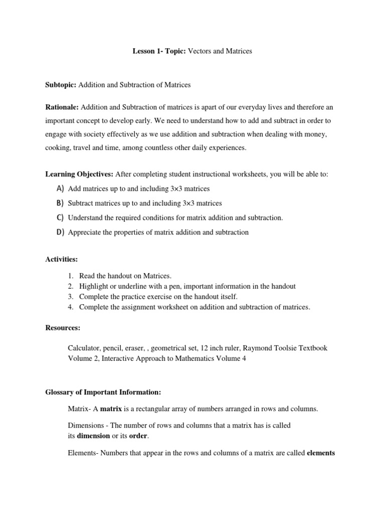 Matrix Addition and Subtraction Basics | PDF | Matrix (Mathematics ...