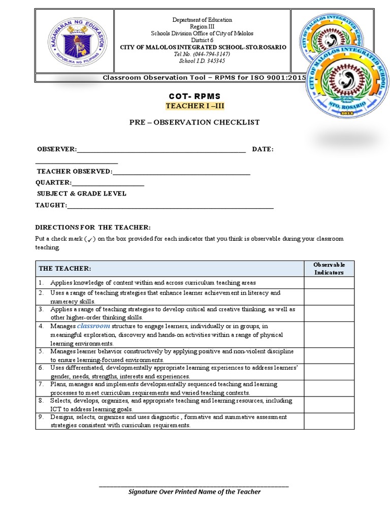 Teacher I - Iii Pre - Observation Checklist: Cot-Rpms | PDF ...