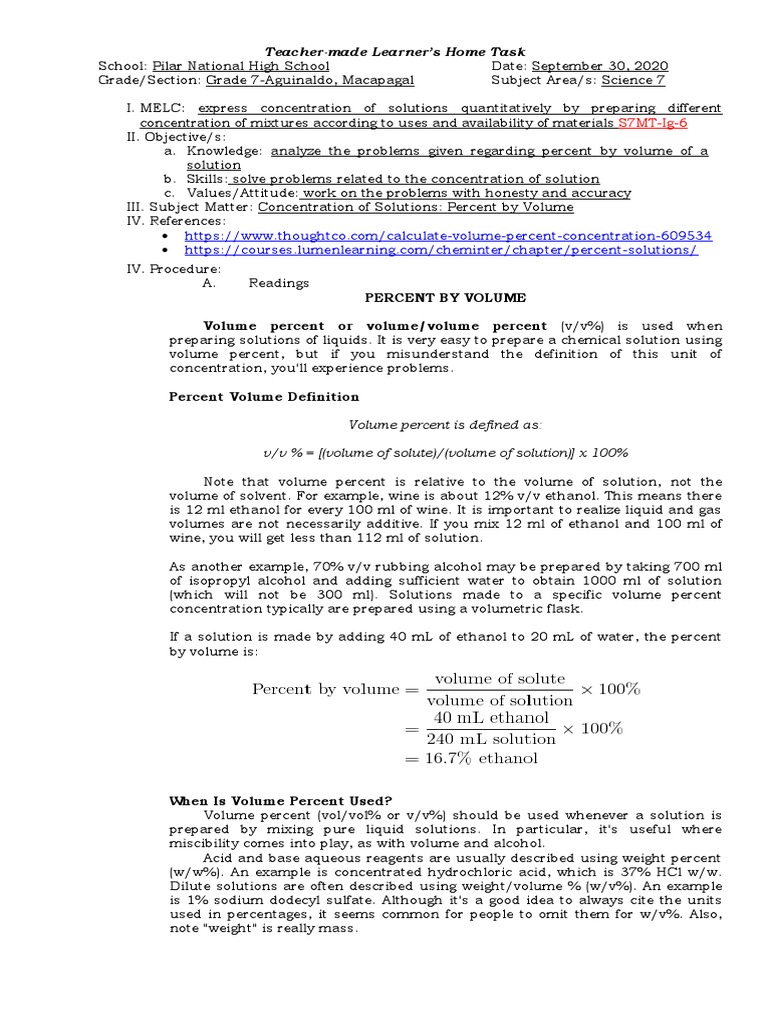 Percent by Volume Volume Percent or Volume/volume Percent (V/V%) Is ...