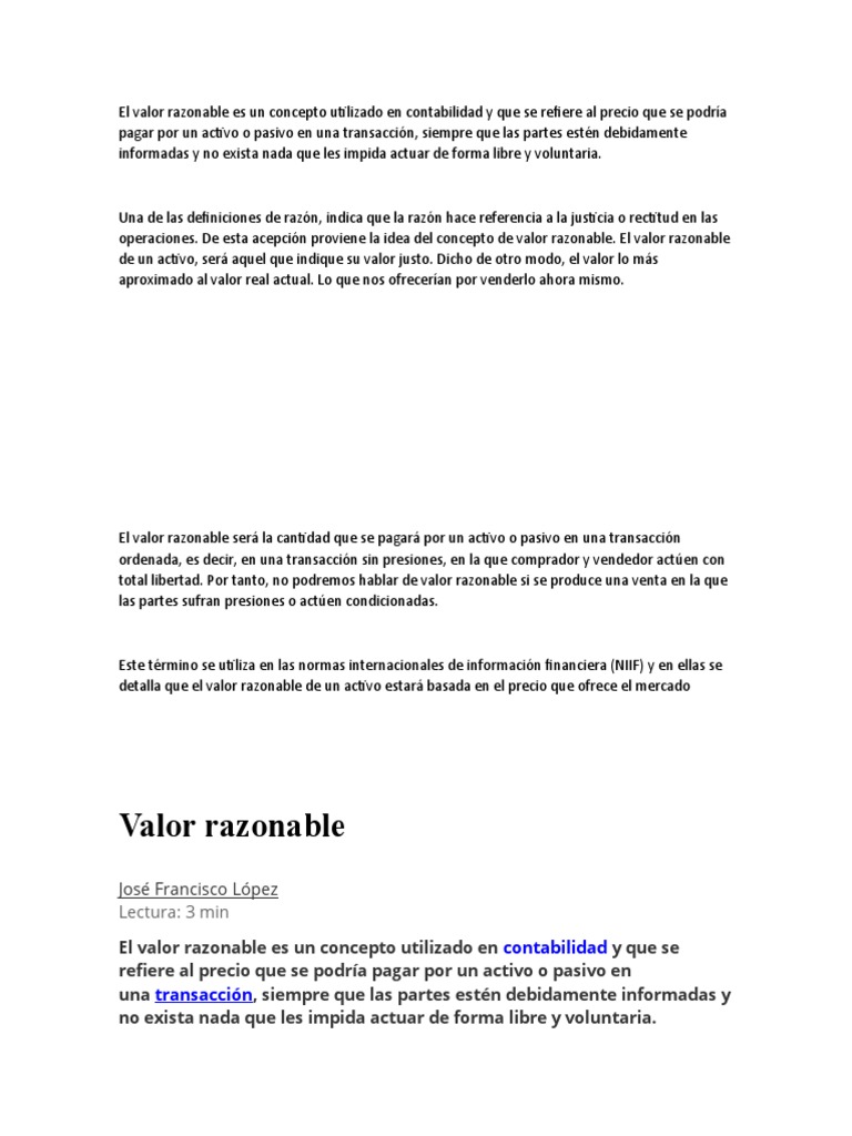 El Valor Razonable Es Un Concepto Utilizado en Contabilidad y Que Se ...
