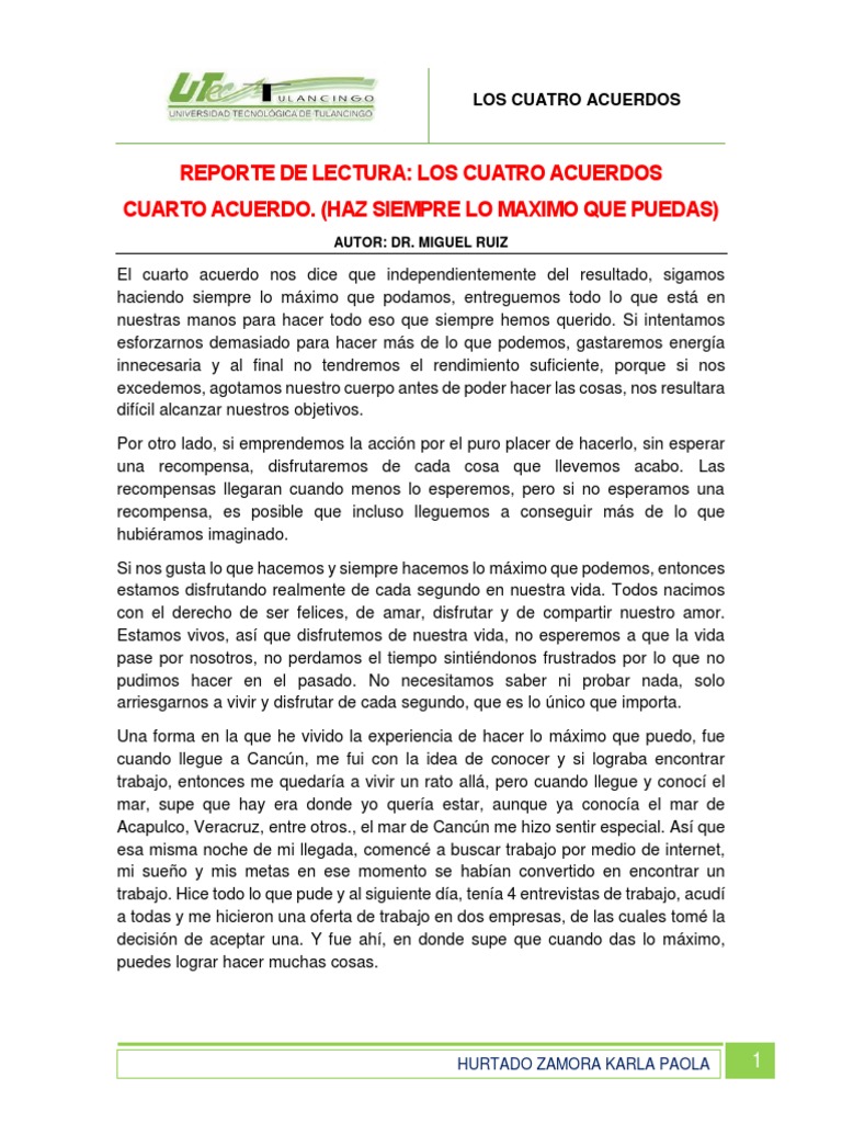 Cuarto Acuerdo Del Libro Los Cuatro Acuerdos (Reporte de Lectura ...