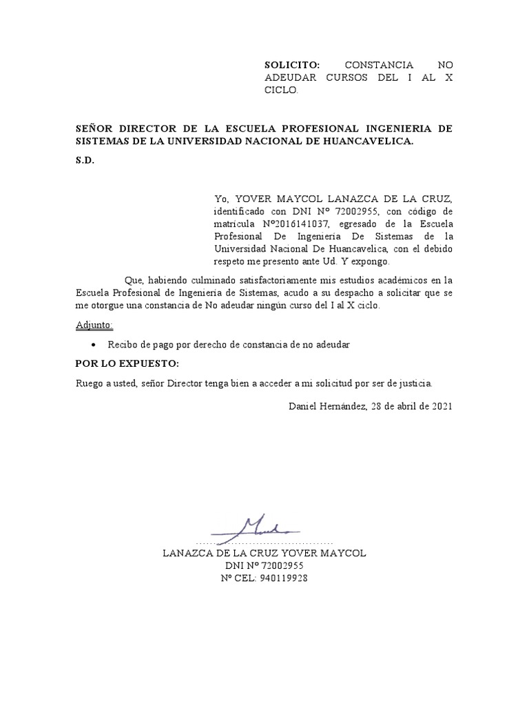 Solicito Constancia de No Adeudar Unh | PDF