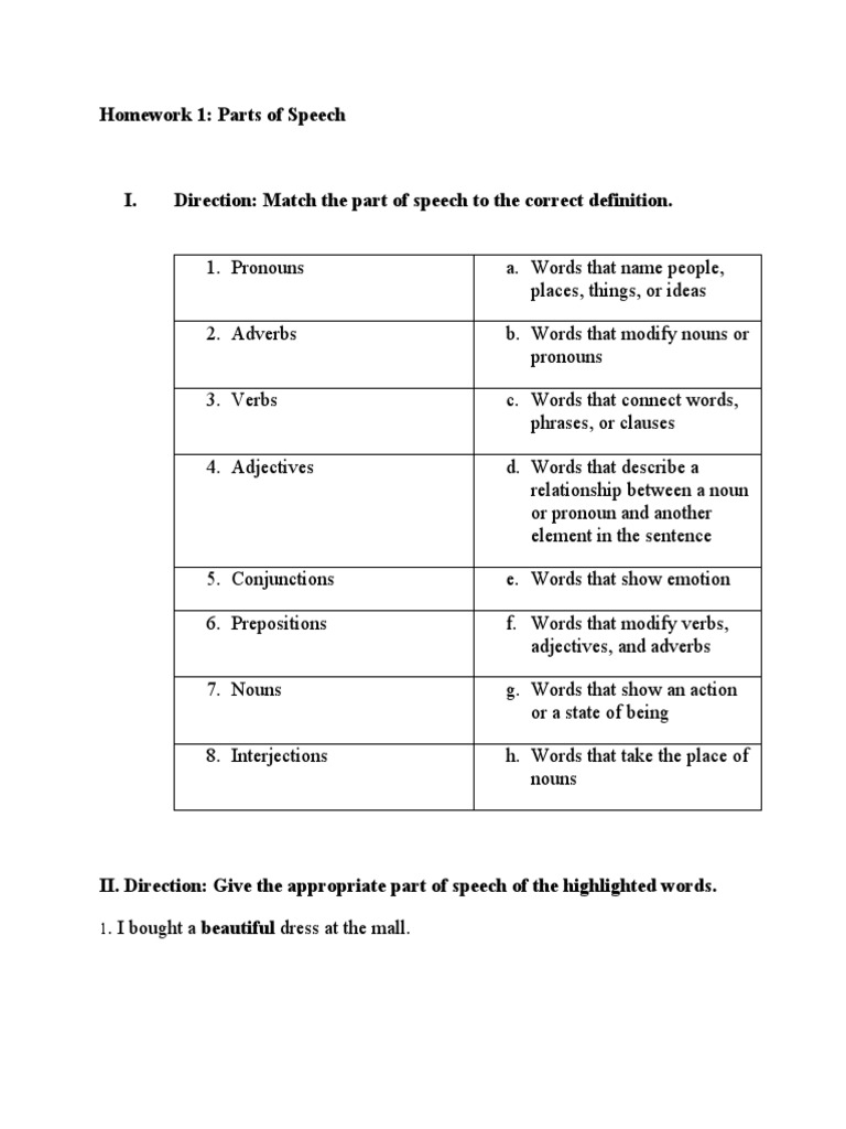 Parts of Speech Homework Guide | PDF | Part Of Speech | Adverb