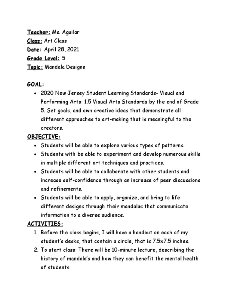 Mandala Lesson Plan - Angel Aguilar | PDF | Lecture | Lesson Plan