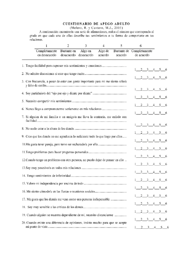 Cuestionario Estilo Apego Adulto | PDF