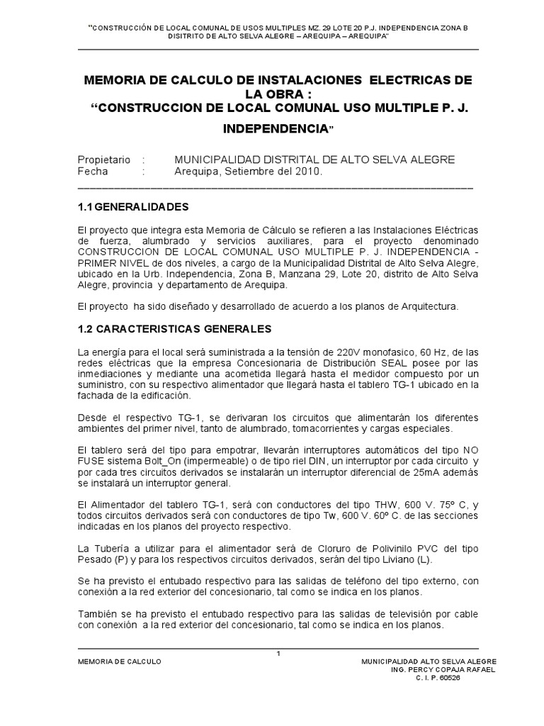 Memoria Calculo Instalaciones Electricas | PDF | Cantidad | Metrología