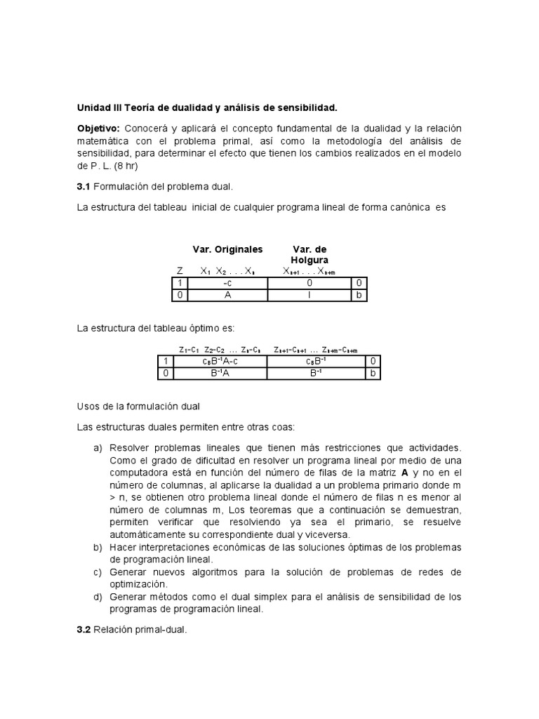 Unidad III Teoría de Dualidad y Análisis de Sensibilidad | PDF | Programación lineal ...