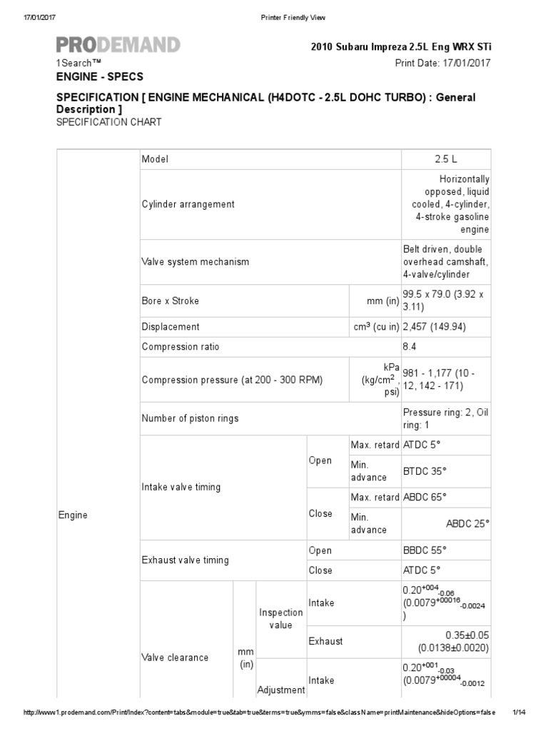 Engine Specs Specification (Engine Mechanical (H4Dotc 2.5L Dohc Turbo ...