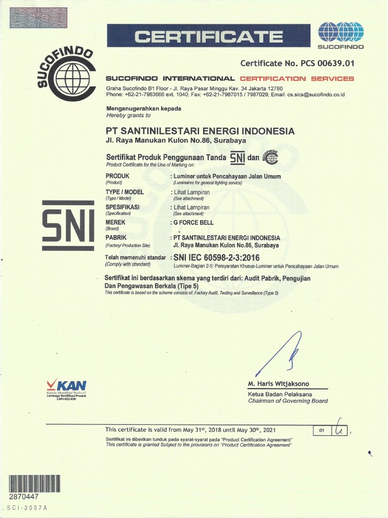 Sertifikat Luminer Sni Iec Pju - G Force Bell (New 2018) | PDF