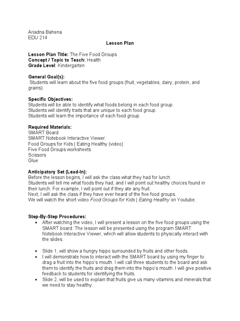 Lesson Plan Lesson Plan Title: The Five Food Groups Concept / Topic To ...