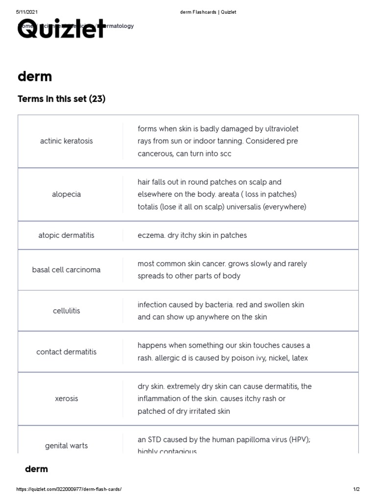 Derm Flashcards Quizlet Pdf Dermatitis Rtt