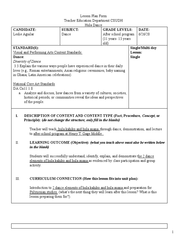 Hula Dance Lesson Plan | PDF | Dances | Teachers