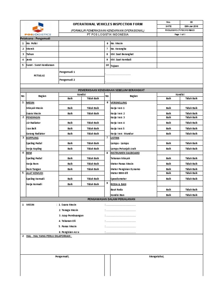 Operational Vehicles Inspection Form - PDC Tambun | PDF