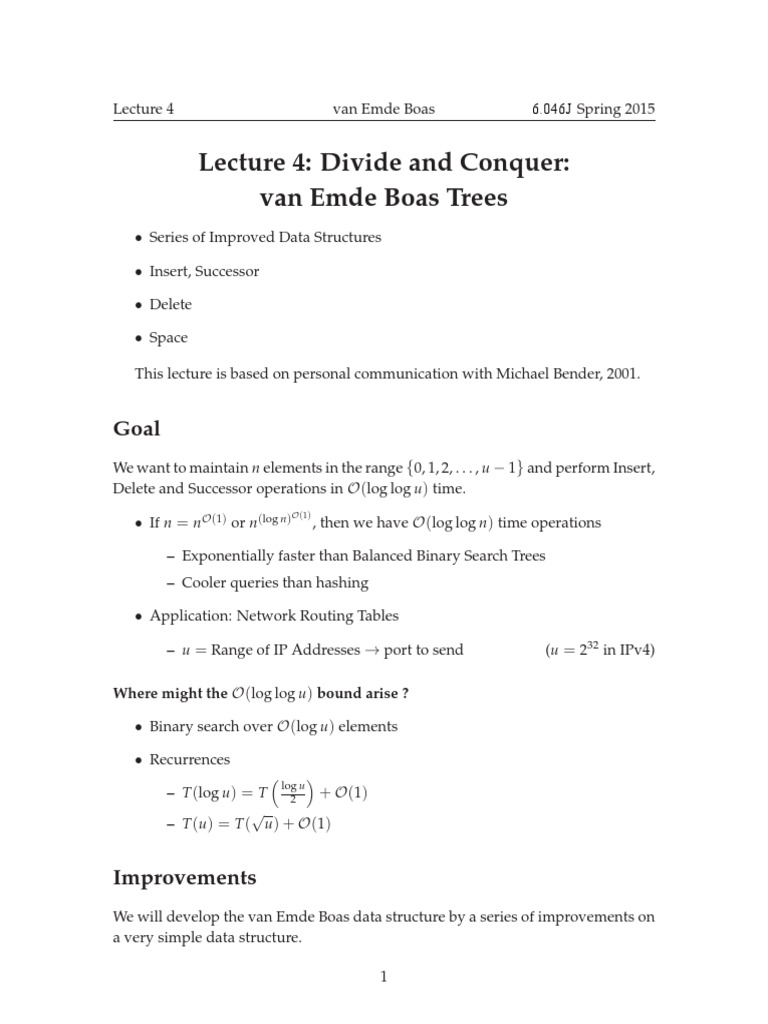 Lecture 4: Divide and Conquer: Van Emde Boas Trees | PDF