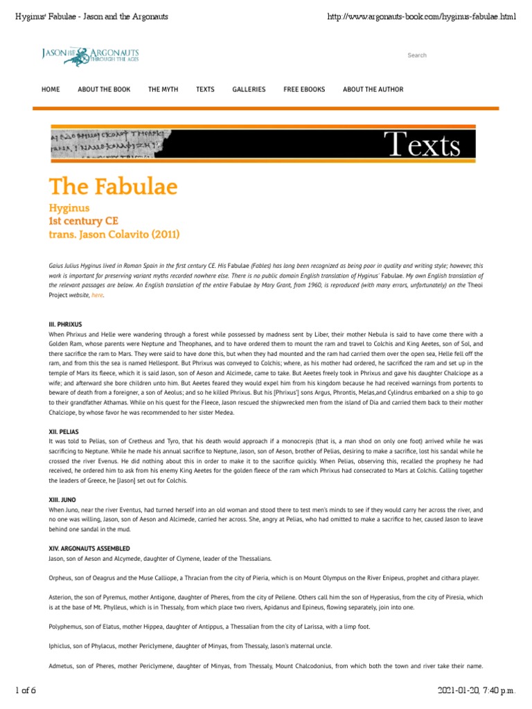 Hyginus' Fabulae | PDF | Argonauts | Jason