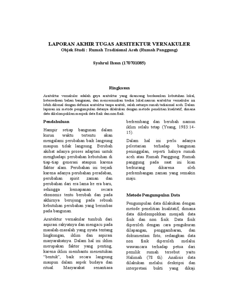 Laporan Akhir Tugas Arsitektur Vernakuler - Syahrul Ihsan | PDF