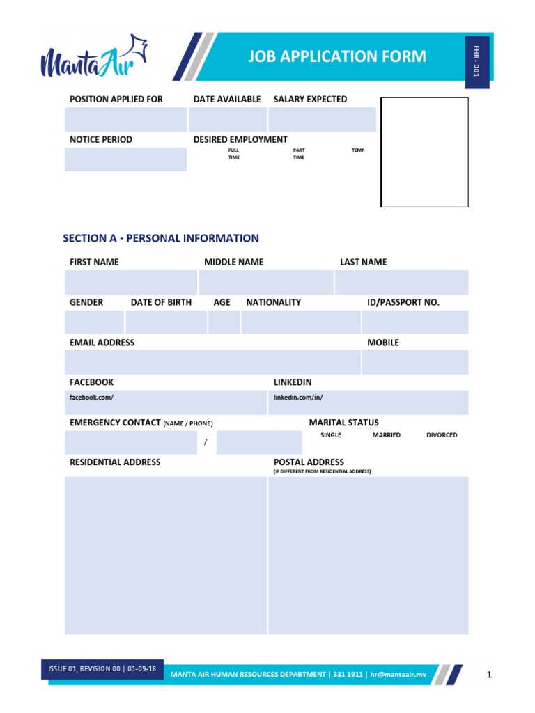 Job Application Form: Section A - Personal Information | PDF ...
